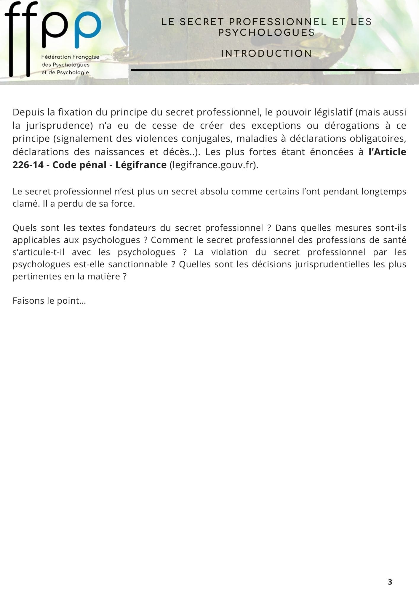 LE SECRET PROFESSIONNEL ET LES PSYCHOLOGUES - Fédération Française des ...